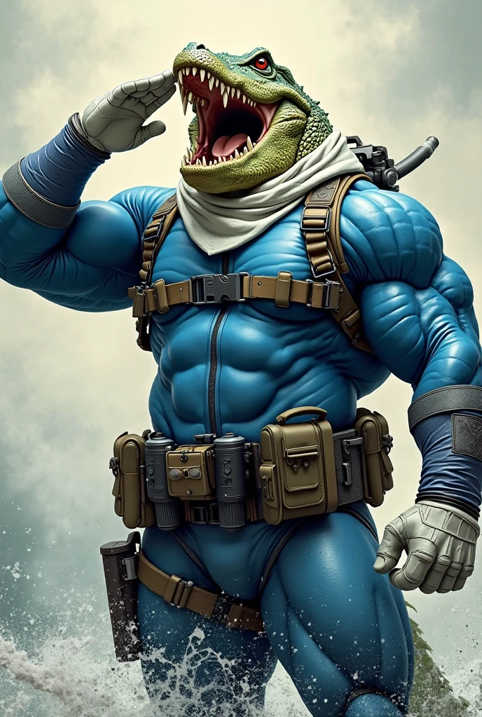 (A rugged beefy extremely muscular bulky roaring crocodile man ...