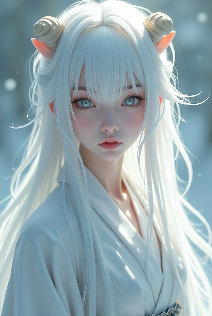 A white-skinned woman with rinnegan eyes, white long hair, small horns ...