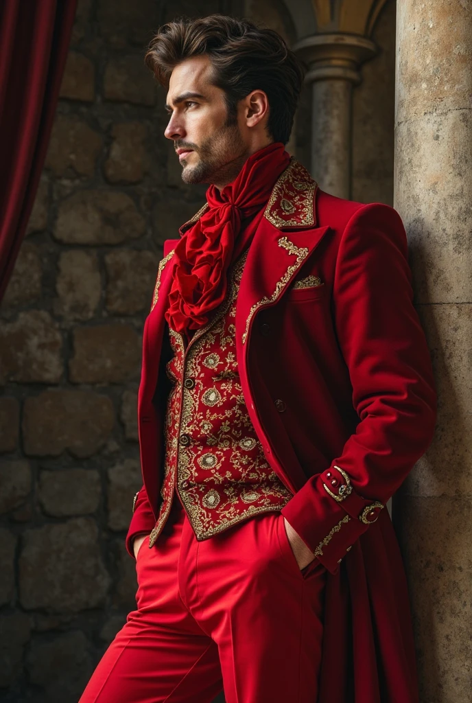 A handsome foppishly dressed, in all red, human bard, handsome - SeaArt AI