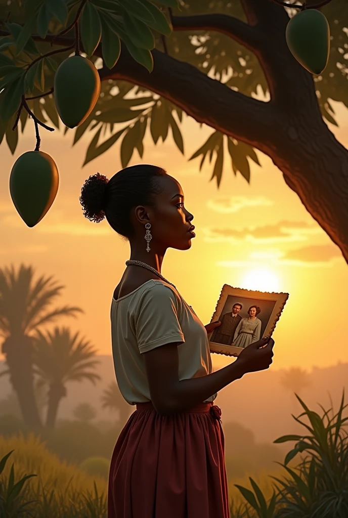 Prompt: A grown woman (Regina) standing under the same mango tree alone ...