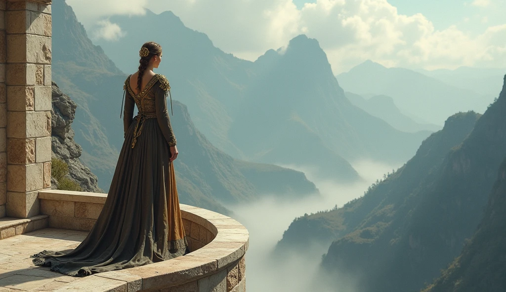 A queen from an ancient fictional kingdom standing on the marble ...