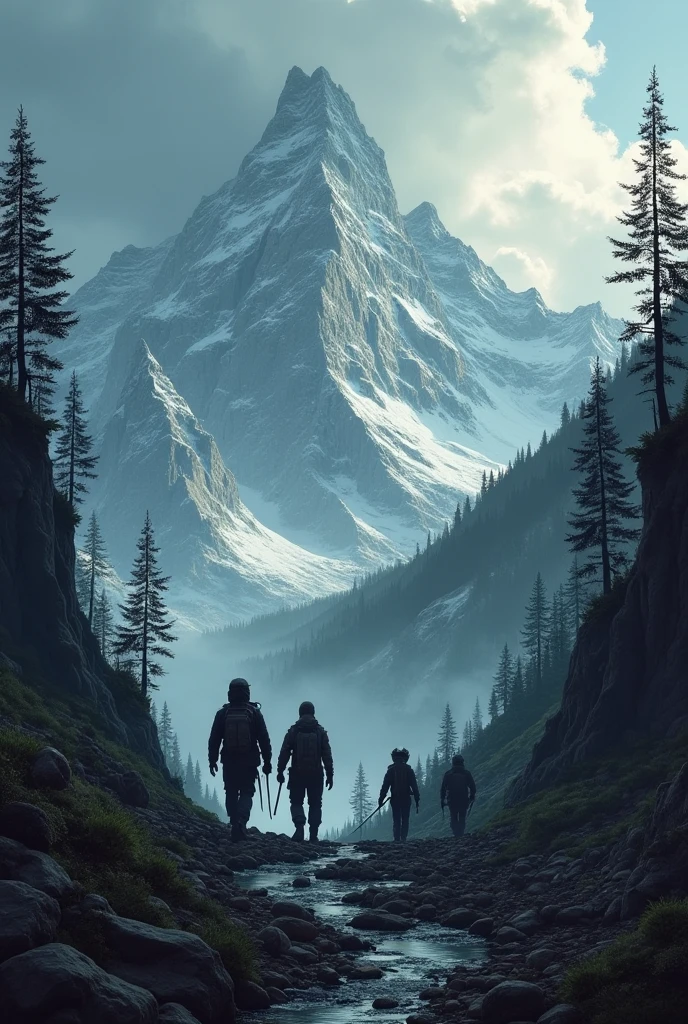 Make a cover art for an horror adventure in mountains for groups ...
