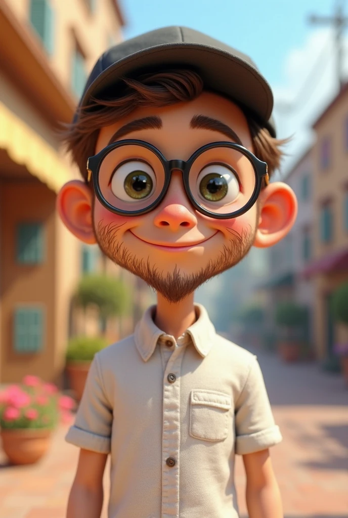 Create Disney Pixar style character, homem, dark green eyes and glasses ...