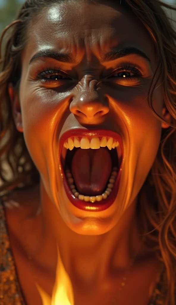 Close-up of the Leo woman roaring with intensity, firelight reflecting ...