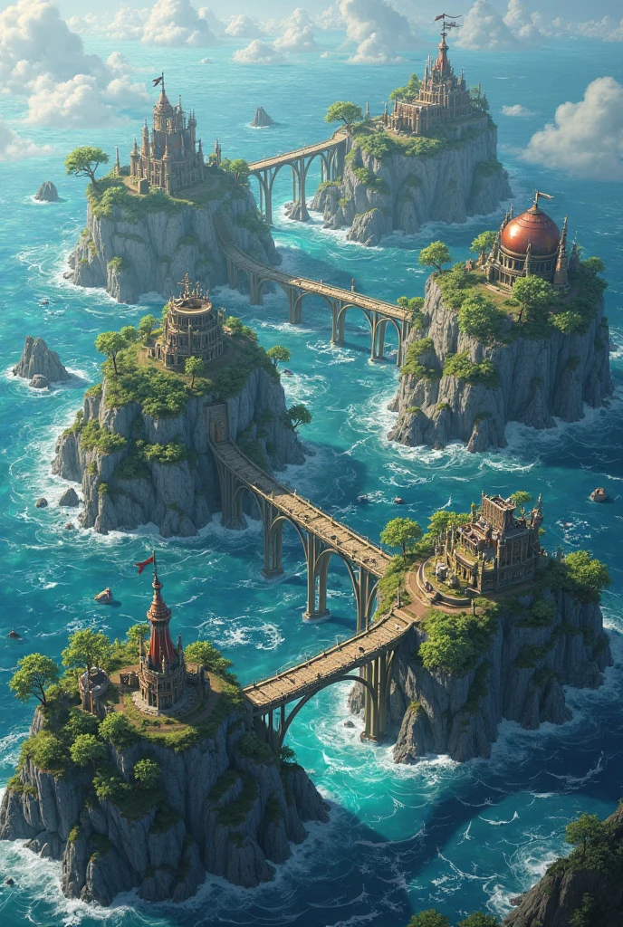 Map of 4 large islands connected to this one by a wide bridge - SeaArt AI