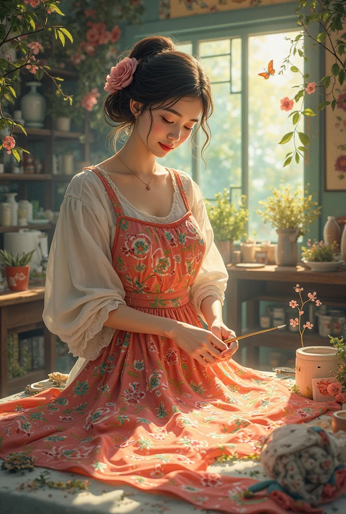 A woman patterning a dress in Ghibili style - SeaArt AI