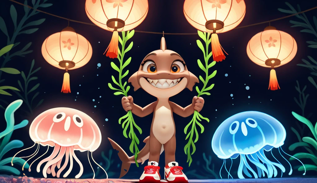 Pixar-style 3D character of a young three-legged shark standing upright ...