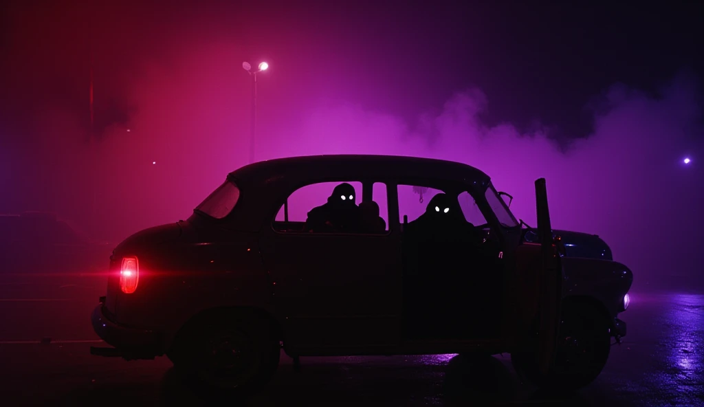 A dark horror scene in a parking lot at night, an old car with the door ...