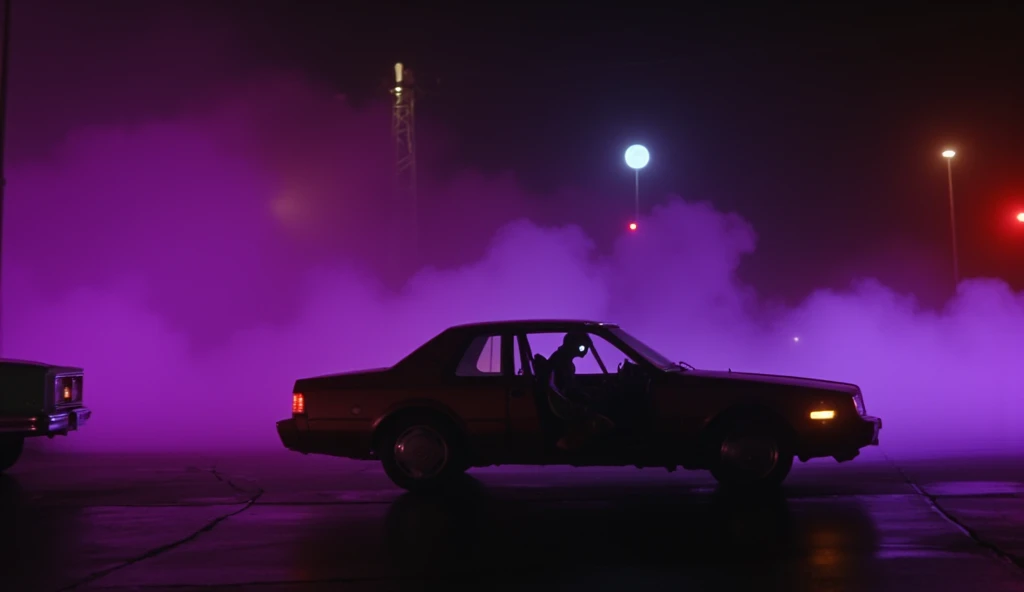 A cinematic analog horror scene in a parking lot at night, an old 80s ...