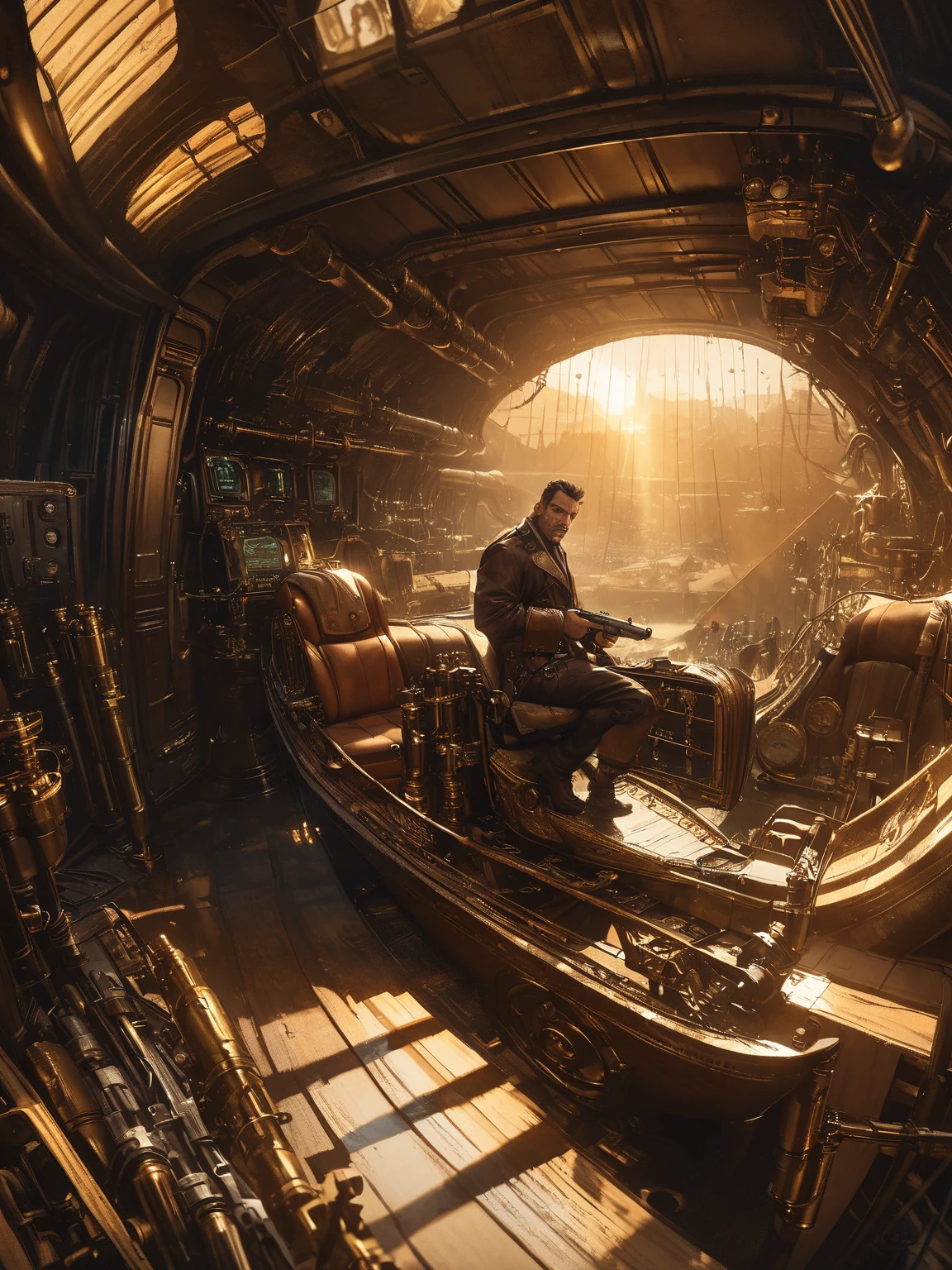 Steampunk pilot in the cockpit of a zeppelin, large zeppelin cockpit ...