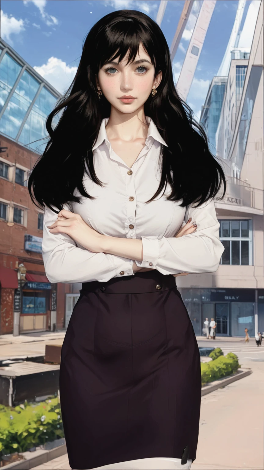 Female anime wearing skirts and vests standing in front of a building ...