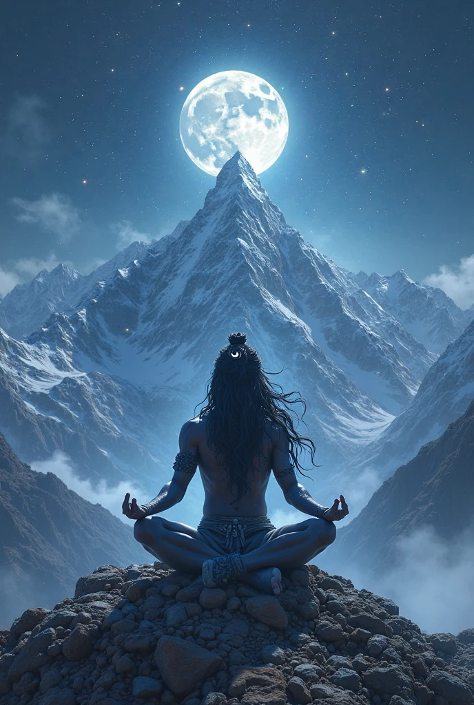 Prompt: "Lord Shiva meditating on Mount Kailash under a full moon ...