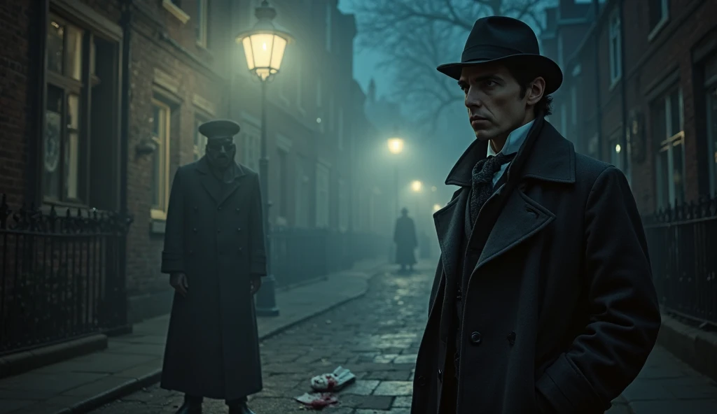 A foggy Victorian London street at night, with Sherlock Holmes - SeaArt AI