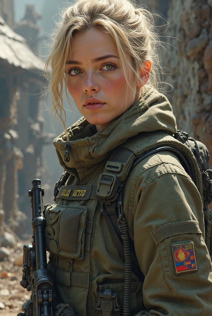 Create a image of girl with hazel eyes and little blonde hair in combat ...