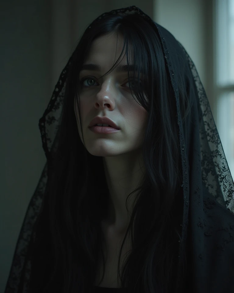 Seritine, female, pale skin, long straight black hair, black mourning ...