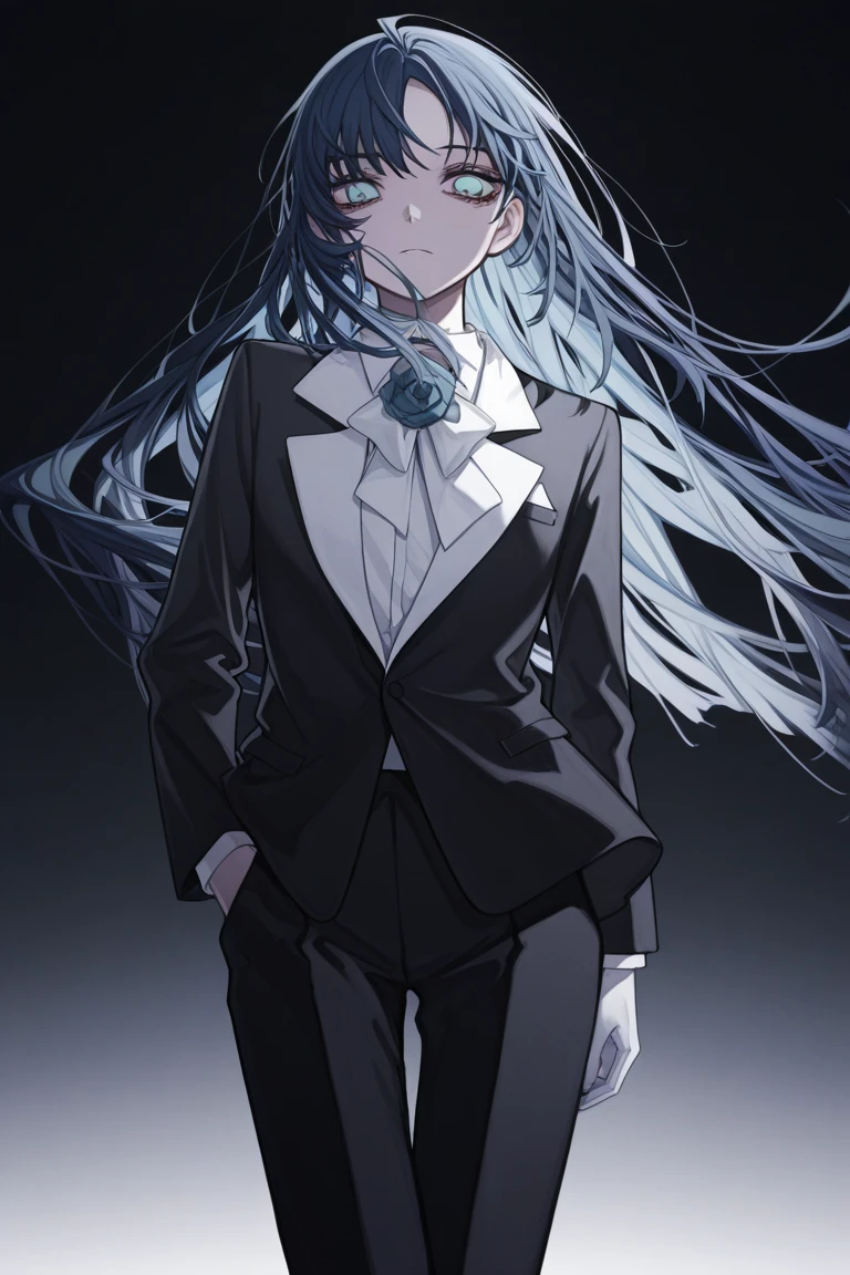 1girl,Supreme Masterpiece、1girl, Ado（singer、 black suit,long blue hair ...