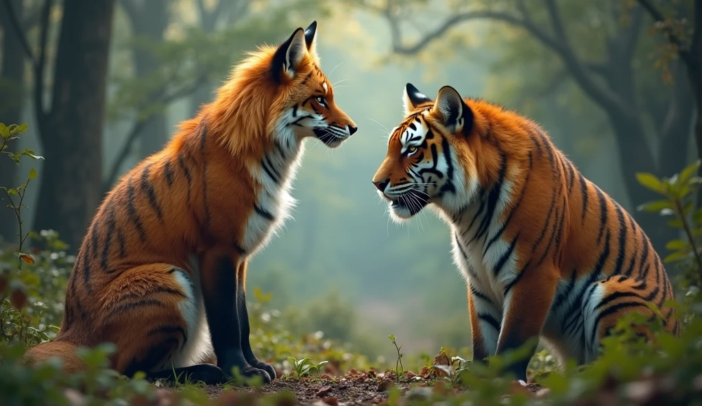 Generate 16:9 size picture：③ The fox talks to the tiger，pretends to be ...