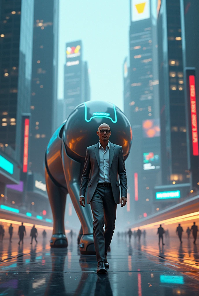 . Microsoft – Satya Nadella A futuristic skyline dominated by ...