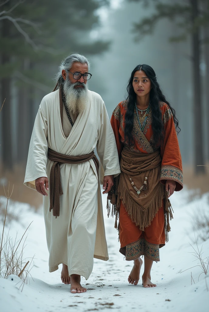 A fifty-year-old druid in white Monk clothes walks barefoot next to a very beau - SeaArt AI