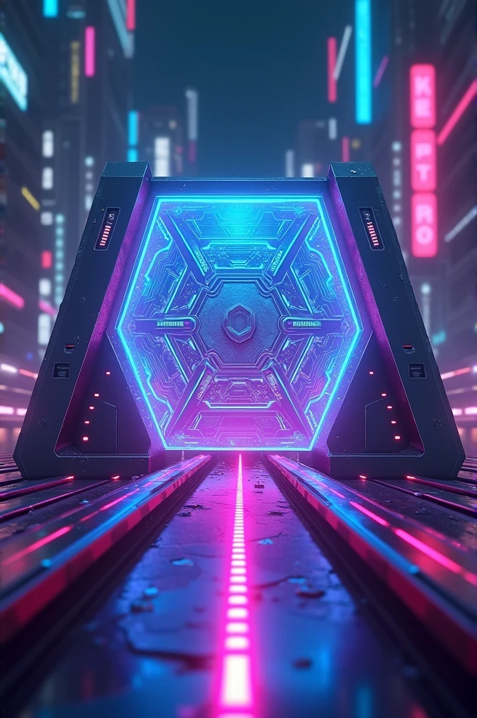 Neon Cyberpunk barrier, futuristic high-tech wall for a runner game ...
