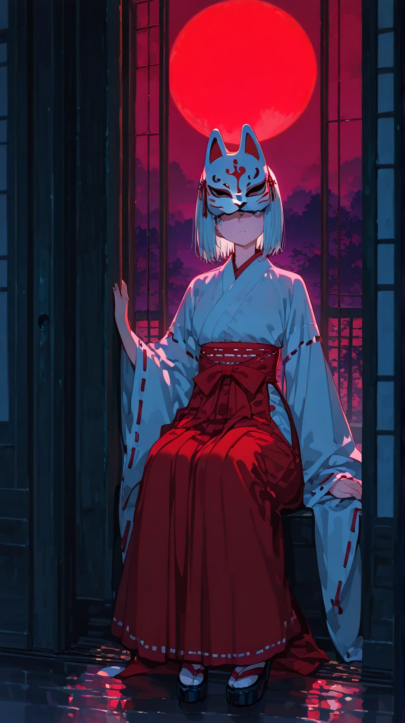 Kitsun Girl, sitting full body, fox mask, detailed eyes, looking at the ...