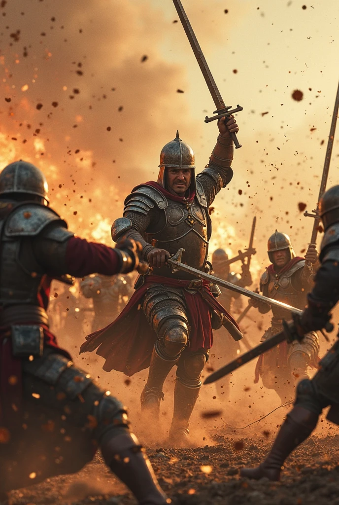 "Explosive battle scene, soldier charging forward, blocking enemy ...