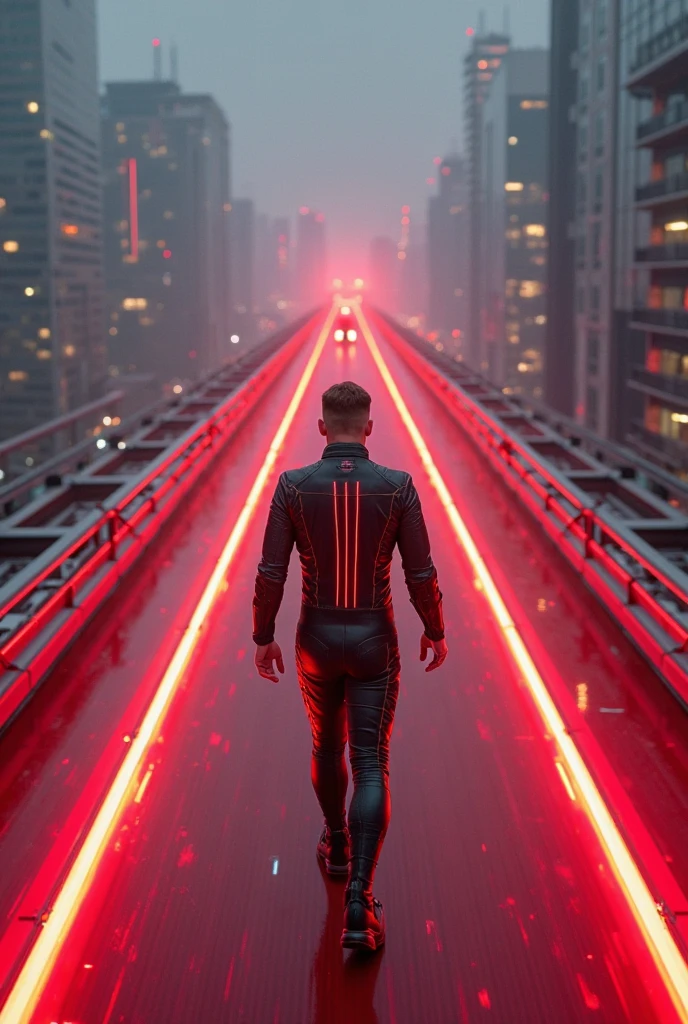 A magnetic floating highway city above a neon abyss. Elon Musk walks ...