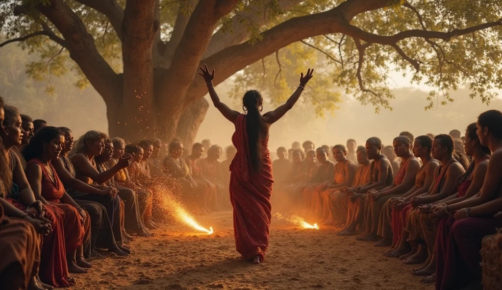 A tense crowd gathers under the banyan tree, faces etched with judgment ...