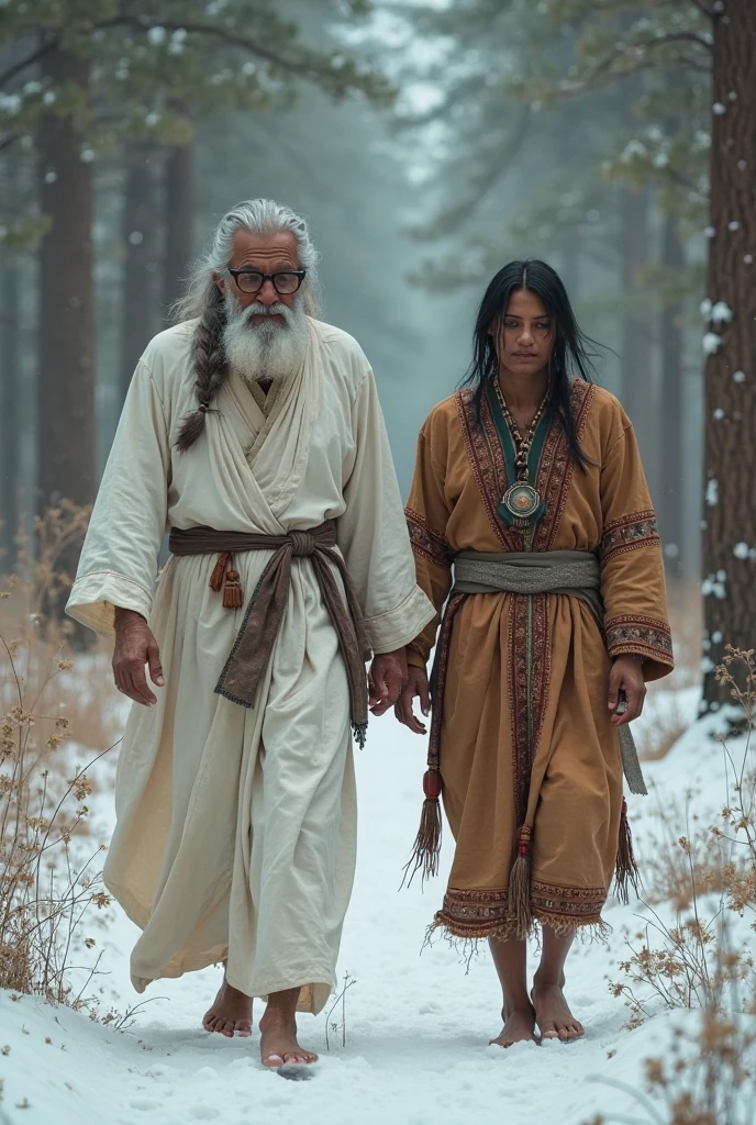 A fifty-year-old druid in white Monk clothes walks barefoot next to a very beau - SeaArt AI