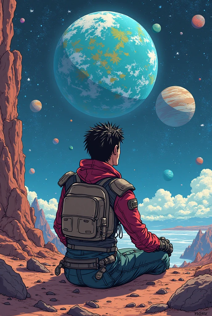 Cartoon man sitting on the floor looking at the Earth, Space Cowboy ...