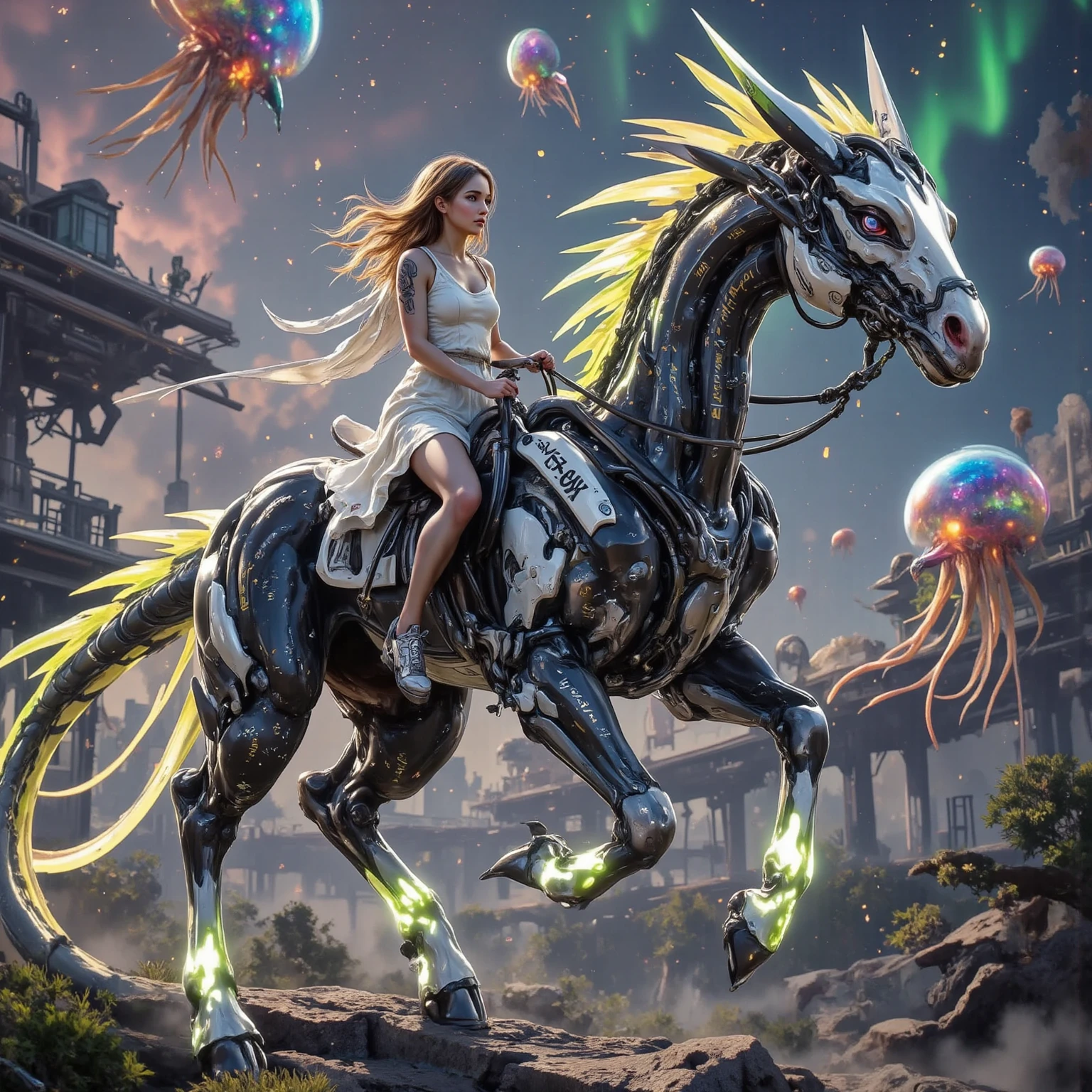 High detailed, epic scale with gritty, intricate details. A girl riding ...