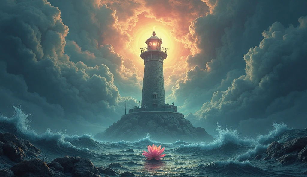 A hyper-realistic 3D rendering of a majestic, ancient lighthouse beam ...