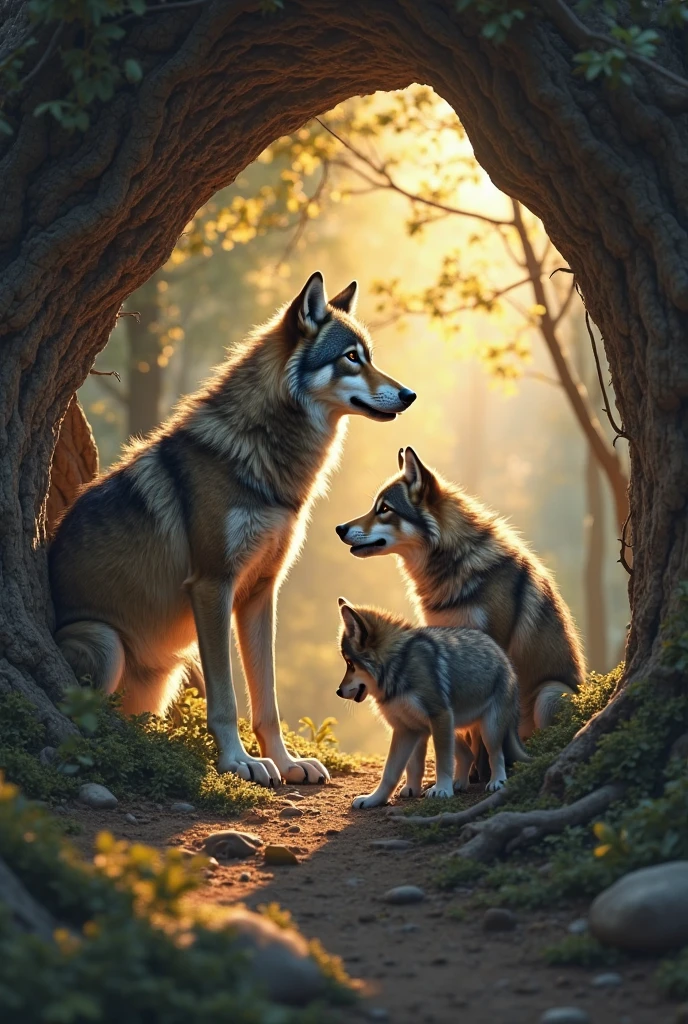 A family of wolves inside a forest den, with a mother wolf gently ...