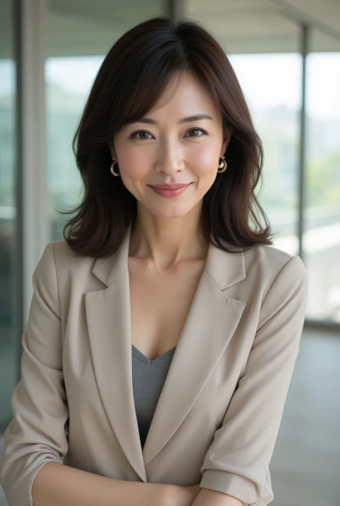 Stylish Japanese middle-aged woman (late 40s), elegant casual office ...