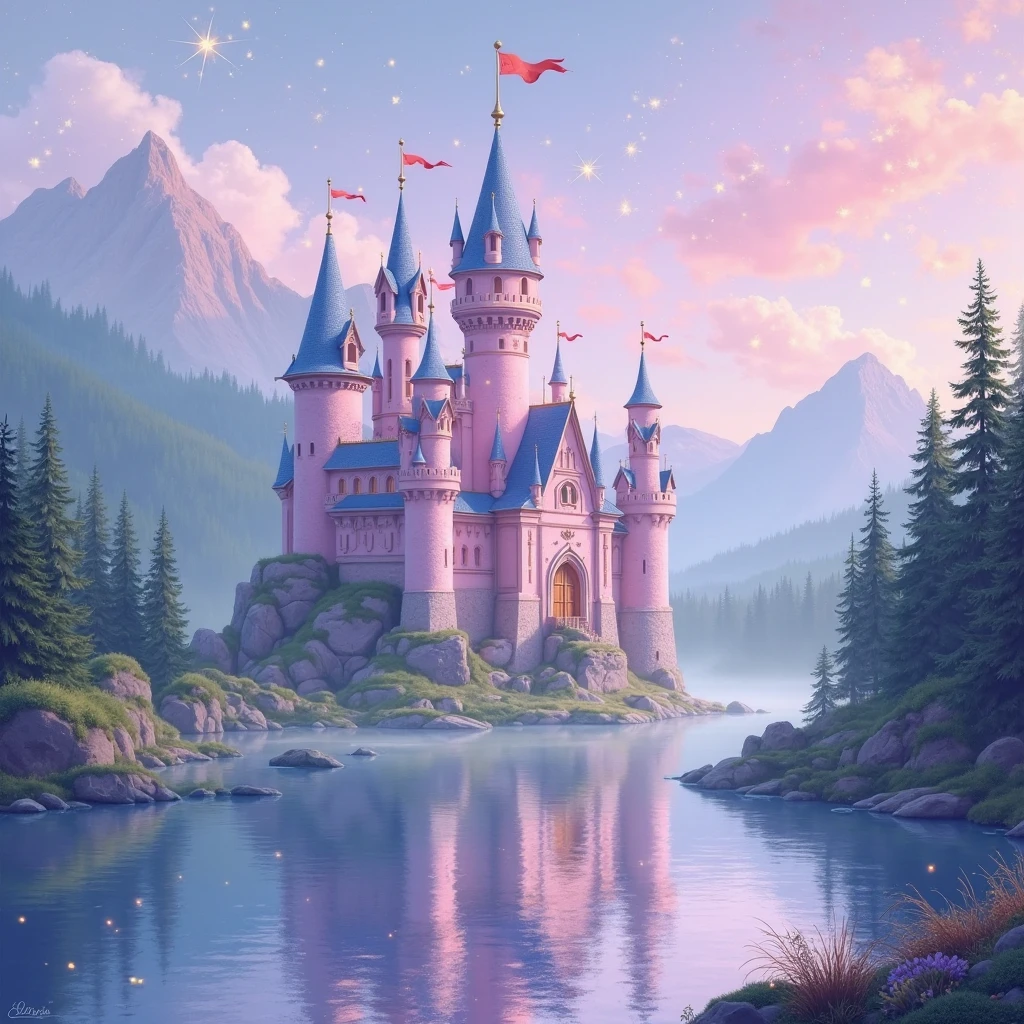 "A fairytale castle with pink towers and lavender, pointed blue ...