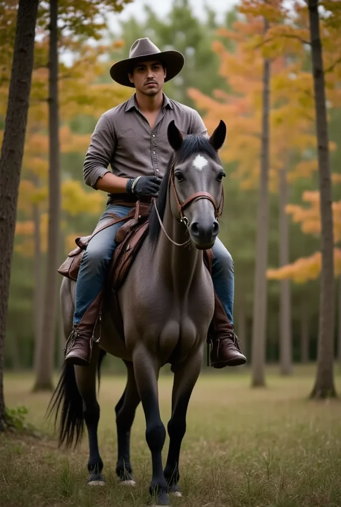 Cowboy Rider on Gray Horse Amidst Autumnal Forest. - SeaArt AI