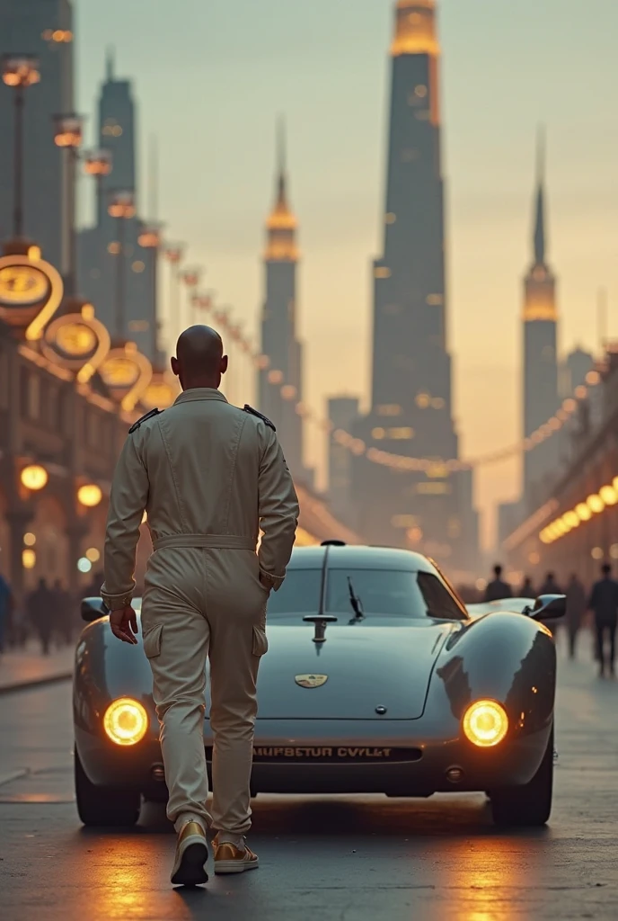 A streamlined cityscape under a dusk sky with warm lighting, Porsche ...