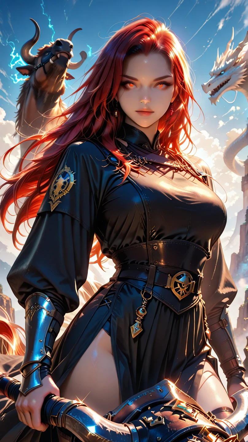 This image depicts a powerful female warrior riding a majestic bull king - SeaArt AI