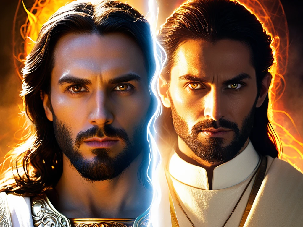 “A dramatic split portrait of two contrasting figures. On the left side ...