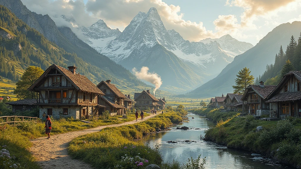 A remote, picturesque village nestled in a lush valley far beyond ...