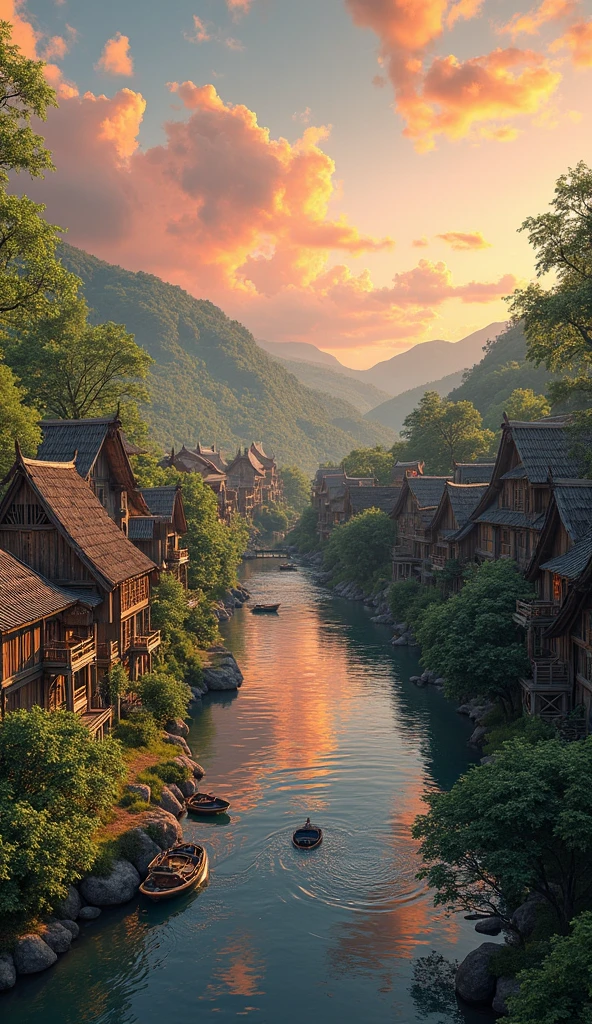 A panoramic view of a riverside village, with wooden houses on the ...