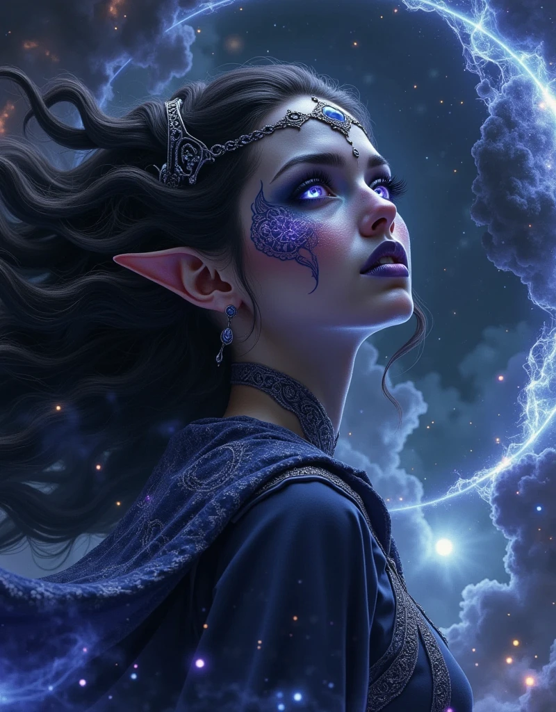 (((Elven))) female, 32 years old, with hair like shadow-wrought iron ...