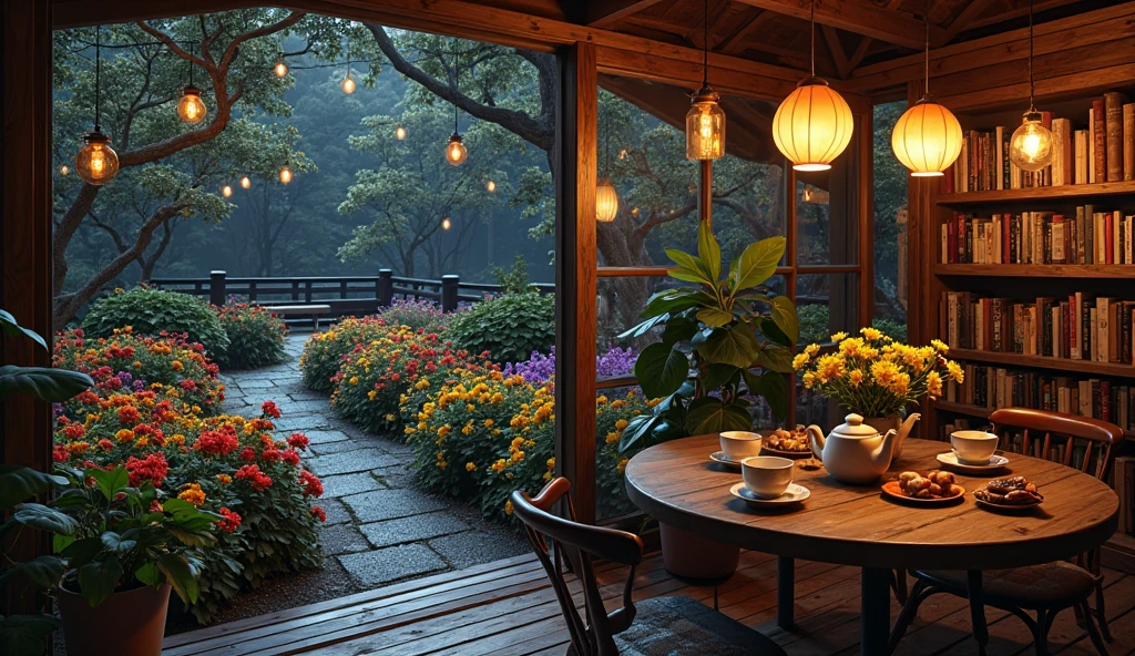 A cozy wooden tea room with angular corners, featuring a large glass ...
