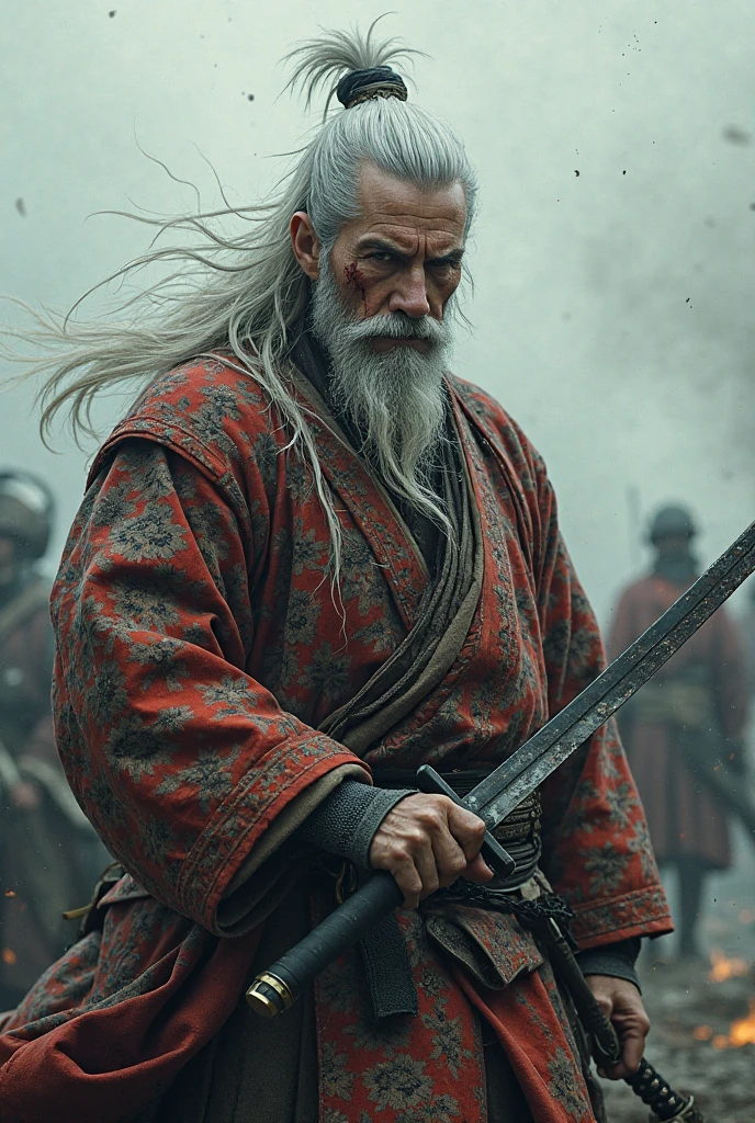 Cool samurai with long white hair, pale skin covered with blood and ...