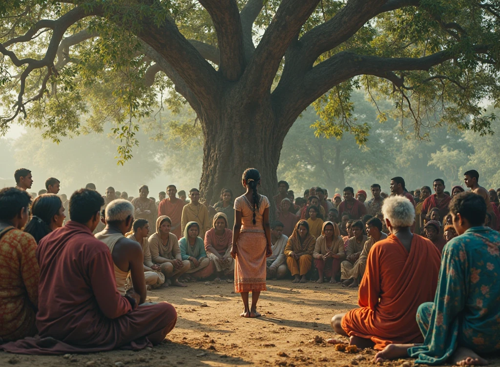 A tense village panchayat under a big banyan tree. Elders sit in a ...