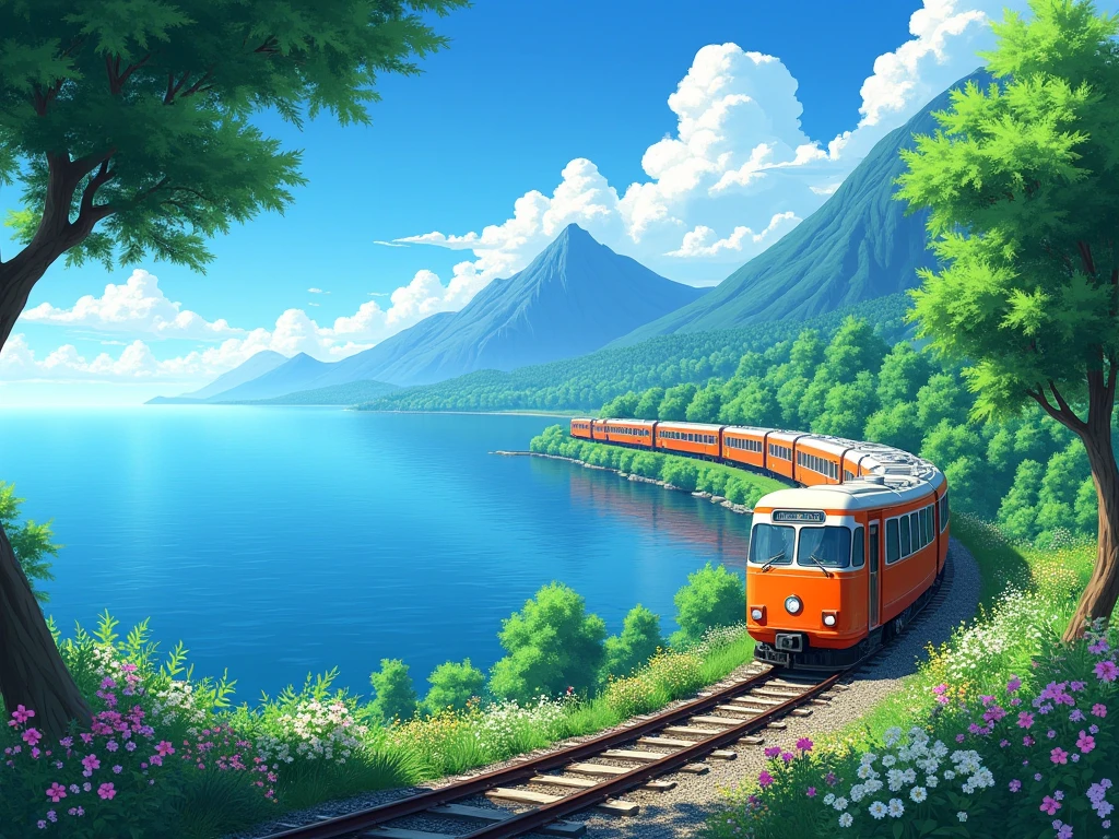 Makoto Shinkai anime style background , orange train moving by the sea ...