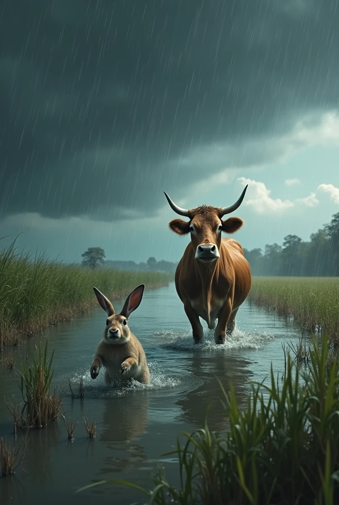 A sudden flood scene in the same farm. Heavy rain, dark clouds - SeaArt AI