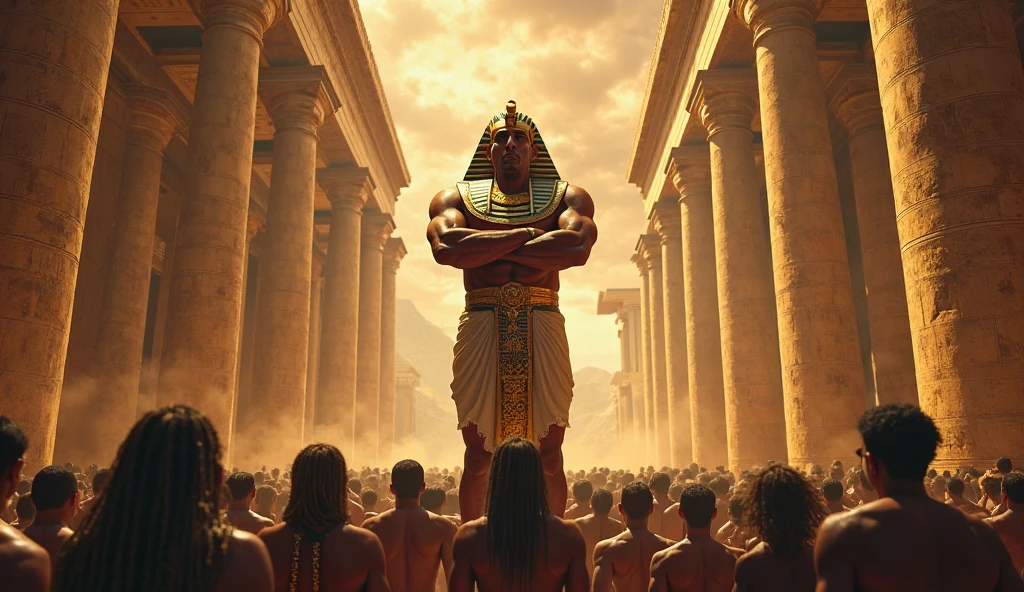 Depict a powerful, unnamed Pharaoh standing atop the grand steps of an ...