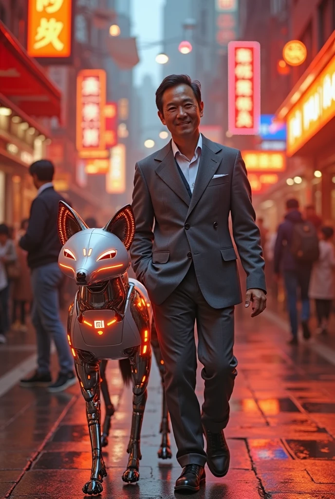 Xiaomi – Lei Jun A glowing cyber-market street filled with red - SeaArt AI