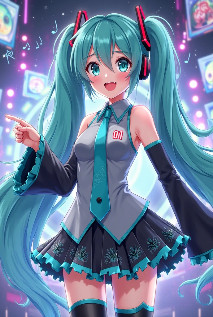 Hatsshe Miune Miku is standing in the center of the scene, with a ...